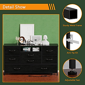 Furnulem Dresser TV Stand with Power Outlet for 55'' Long TV, Entertainment Center with 8 Deep Drawers,Wide Chest of Drawer for Storage in Bedroom,Closet,Living Room,Hallway(Black Oak)