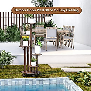 FILWH 5 Tier Plant Stand For Outdoor Indoor Tall Bamboo Movable Flower Stand With Wheels Plant Shelf Pot Holder Plants Corner Display Rack Multiple Planter For Living Room Balcony Garden Patio(Brown)