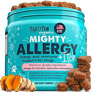 Mighty Paw Waggables Allergy Immune + Itch (Made in the USA) | Dog Allergy Chews Anti-Itch for Dogs. Dog Allergy Support Dog Vitamins for Skin and Coat Allergies. Omega 3 & Quercetin for Dogs (120 Ct)