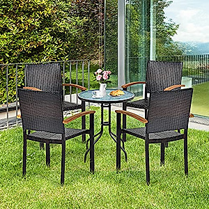 RELAX4LIFE Patio Rattan Dining Chairs Set Wicker Chairs with Steel Frame, Acacia-Covered Armrests Fire Pit Chairs for Porch, Poolside, Balcony, Lawn Indoor&Outdoor Furniture Armrest Chairs Set (4)