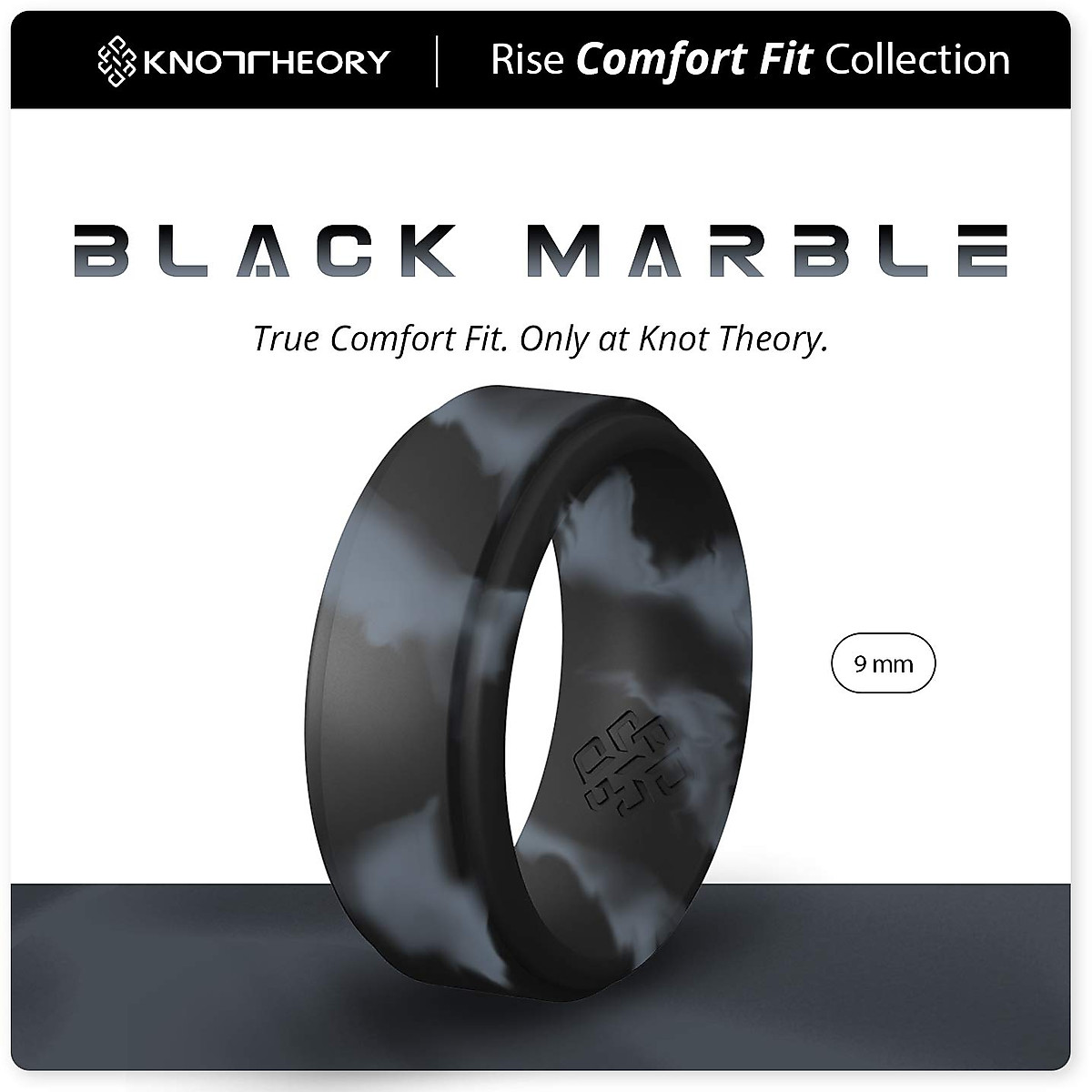 Knot Theory Black Marble Silicone Ring Men - Size 8 Step Edge 9mm Wide Rubber Wedding Band - Gym Workout Weight-Lift Ring