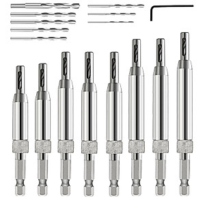 GMTOOLS 17pcs VIX Bits Self Centering Drill Bit Set, 1/4" Hex Shank Self Centering Hinge Tapper Core Drill Bit Set for Woodworking Window Door Hinge with 1 Hex Key & 8 Drill Bits 5/64"-1/4"