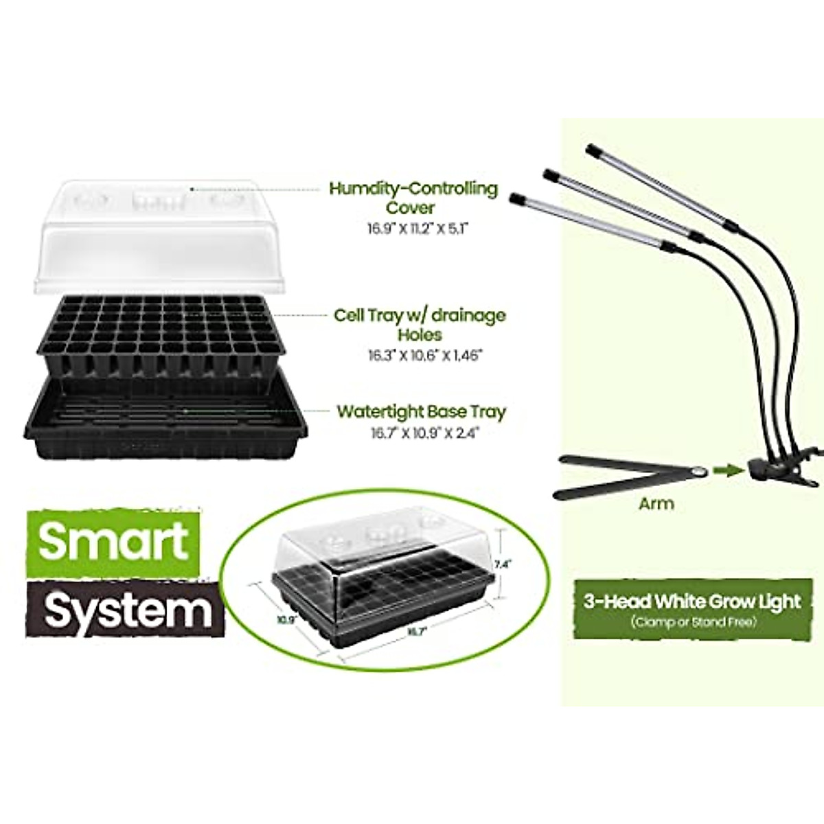 [Upgraded Light] Seed Starter Kit with Grow Light - Durable Seed Tray, 60 Cell Seed Starting Tray, Humidity Dome for Seed Growing Germinating, Seedling Starting, Cutting Clone & Plant Propagation Kit