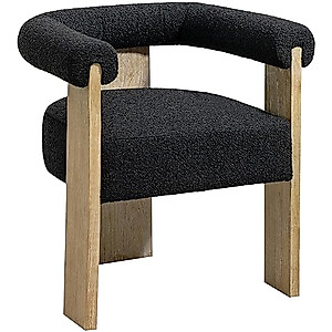 Meridian Furniture 566Black-C Barrel Collection Mid-Century Modern Dining Chair with Solid Wood Natural Finish, Rich Black Boucle Fabric, 27.5" W x 24" D x 28" H, Black