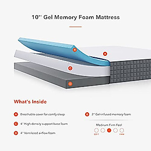 Sweetnight King Size Mattress, Breeze 10 Inch King Mattress, Infused Gel Memory Foam Mattresses for Cool Sleep, Supportive & Pressure Relief, Medium Firm