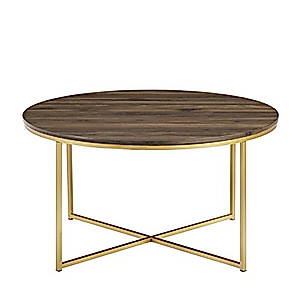 Walker Edison Cora Modern Round Faux Marble Top Coffee Table with X Base, 36 Inch, Walnut and Gold