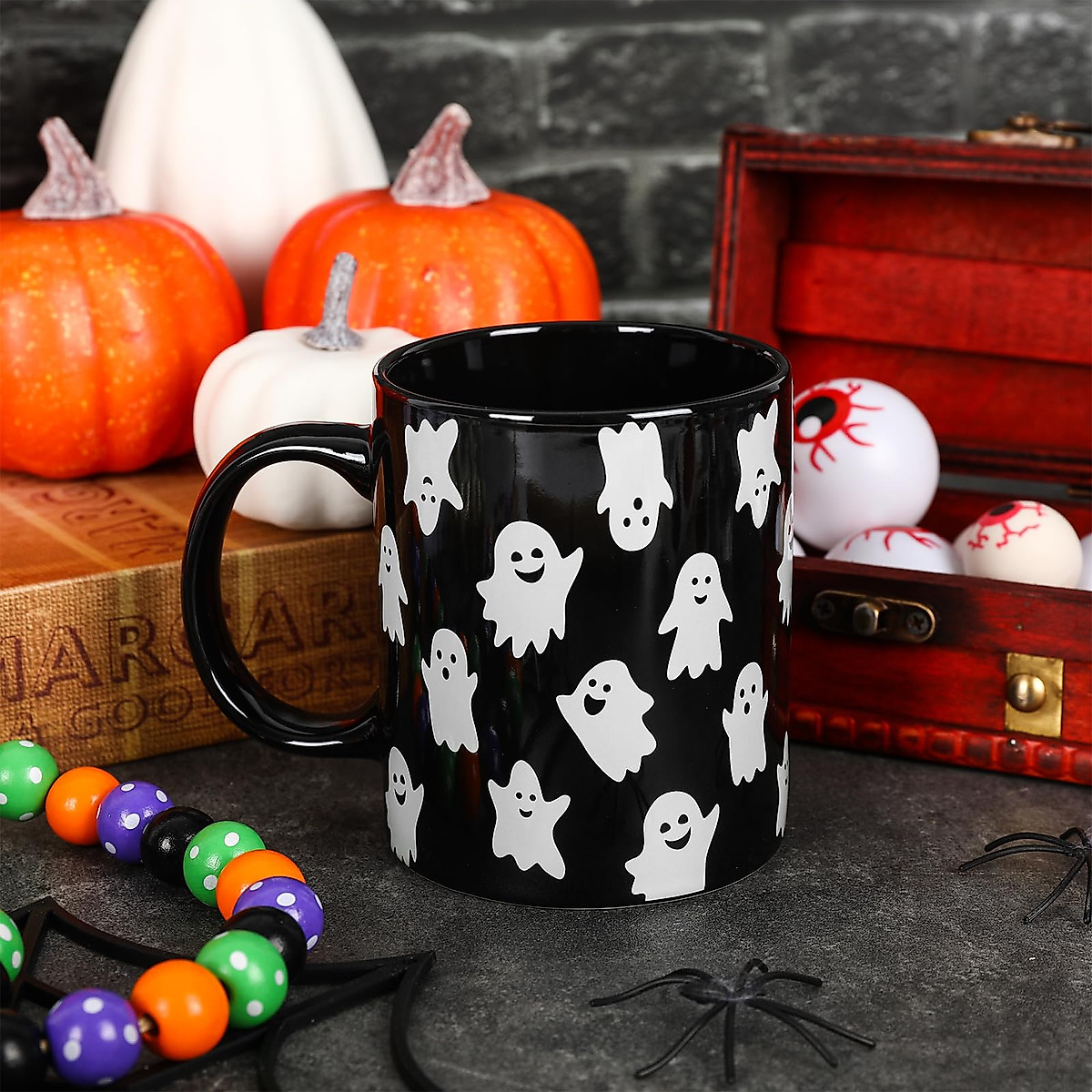 Whaline Halloween Mug 12oz Cute Ghost Coffee Mug Black White Ghost Ceramic Drinking Mugs Halloween Party Cups for Home School Office Table Centerpieces Housewarming Gift Party Supplies