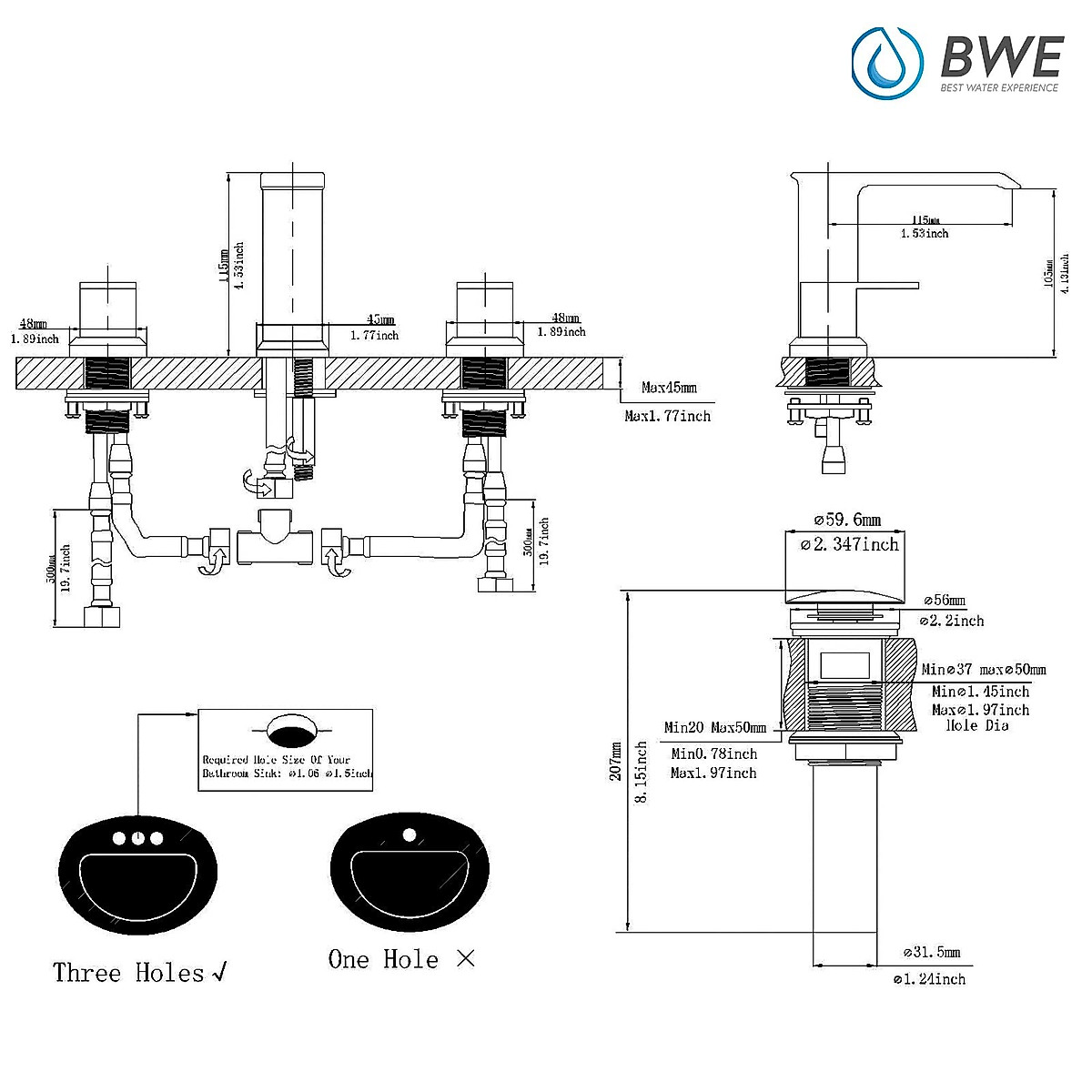 BWE Waterfall Widespread Bathroom Faucet Chrome 3 Holes with Pop Up Drain Stopper with Overflow and Supply Line Lead-Free 2-Handle Bath Lavatory Vanity Sink Mixer Tap Square