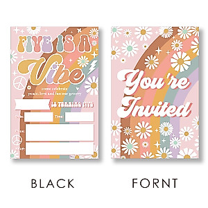 EUDOSI Five is a Vibe Groovy 5th Birthday Party Invitations Supplies Fill-In Set of 20 with Envelopes Groovy 5th Birthday Bash Invites Cards, Double Sided