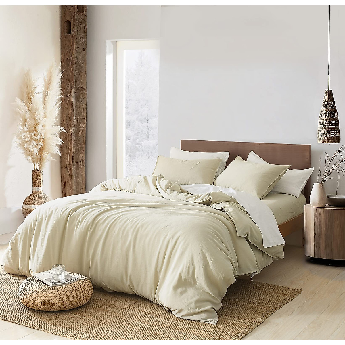 PANDATEX Beige Linen-Textured Rayon, Cotton, Linen Blend Duvet Cover Set, Pre-Washed Soft Breathable Queen Size Duvet Cover for Hot Sleepers, Durable Natural Organic Duvet Cover with 2 Pillowcases