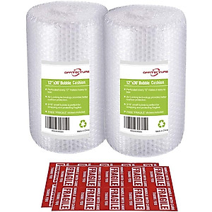 2-Pack Bubble Cushioning Wrap Rolls, 3/16" Air Bubble, 12 Inch x 72 Feet Total, Perforated Every 12", 20 Fragile Stickers Included