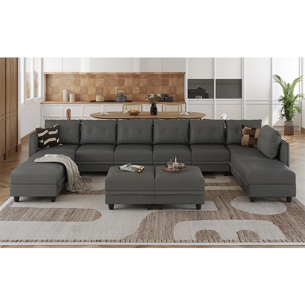 LLappuil Oversized Modular Sectional Sofa with Storage, U Shaped Sectional with Ottomans, 12 Seater Sleeper Couch for Living Room, Faux Leather Fabric Waterproof Sofa, 163 Inch Width, Dark Grey