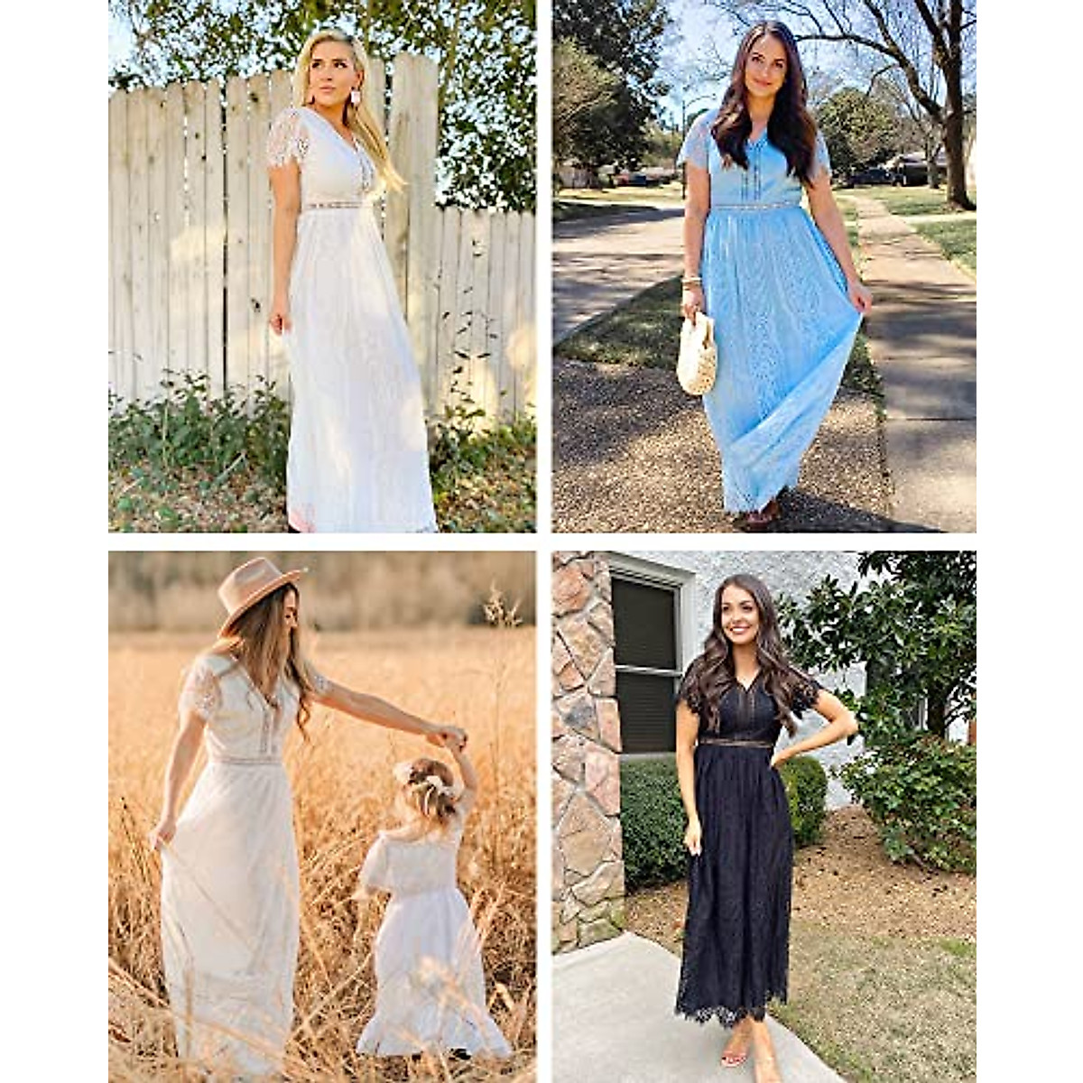 MEROKEETY Women's V Neck Short Sleeve Floral Lace Wedding Dress Bridesmaid Cocktail Party Maxi Dress Navy