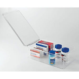 mDesign Plastic Bathroom Storage Organizer Box w/Hinge Lid for Closet Shelves, Cupboards, Holds Medicine, First Aid, Lotion, Cotton Swabs, Masks, and Styling Tools, Ligne Collection, 4 Pack, Clear