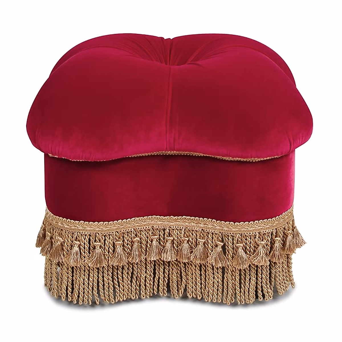 Jennifer Taylor Home Ellen Upholstered Clover Ottoman with Gold Bullion Fringe, Siren Red Performance Velvet
