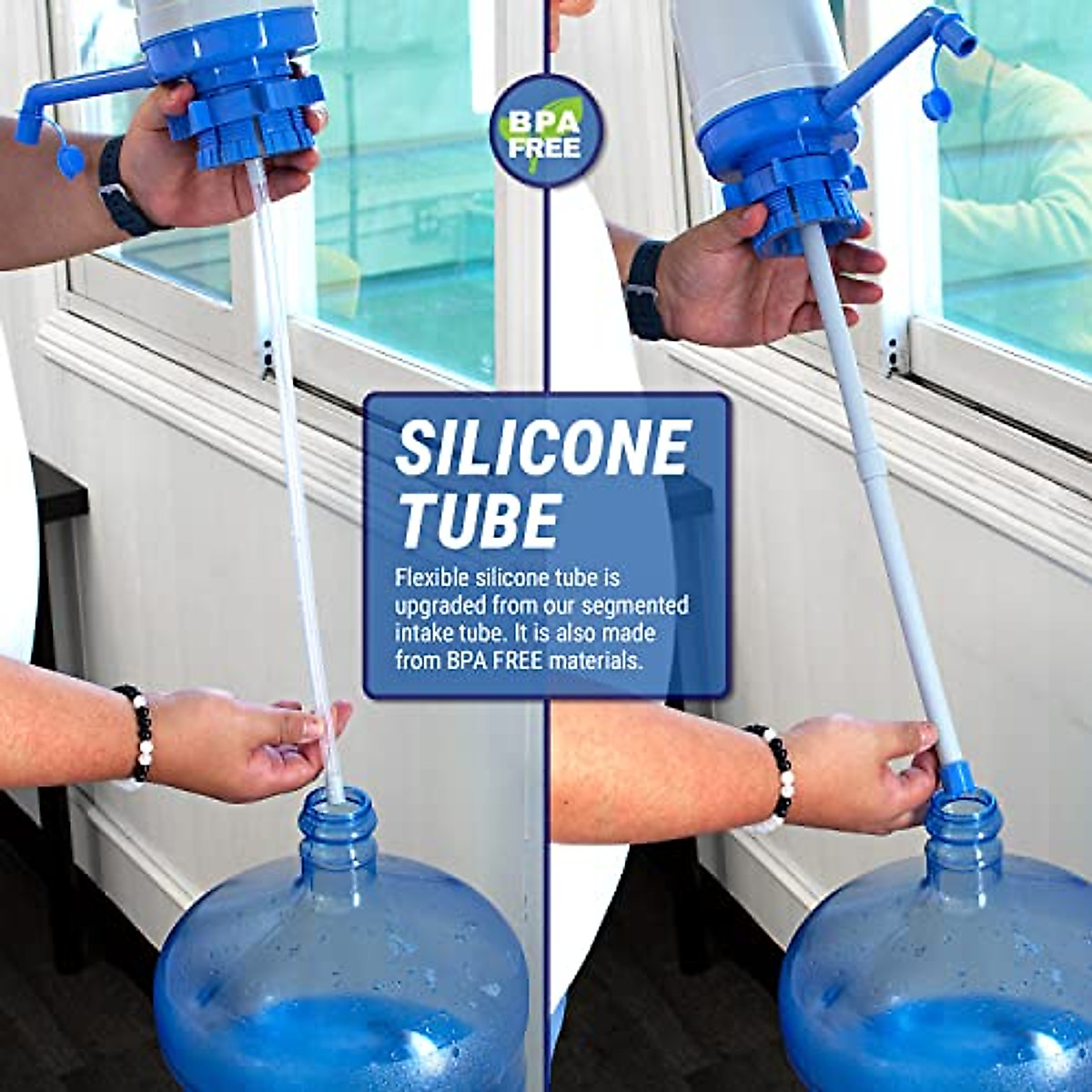 Dolphin Water Pump 8080-T, Manual Drinking Water Pump for 5 Gallon Bottles, Fits 2 to 6 Gallon Bottles, BPA-Free, Secure Fit on Crown Top or Screw Top Bottles, Silicon Tube for Irregular Water Bottles