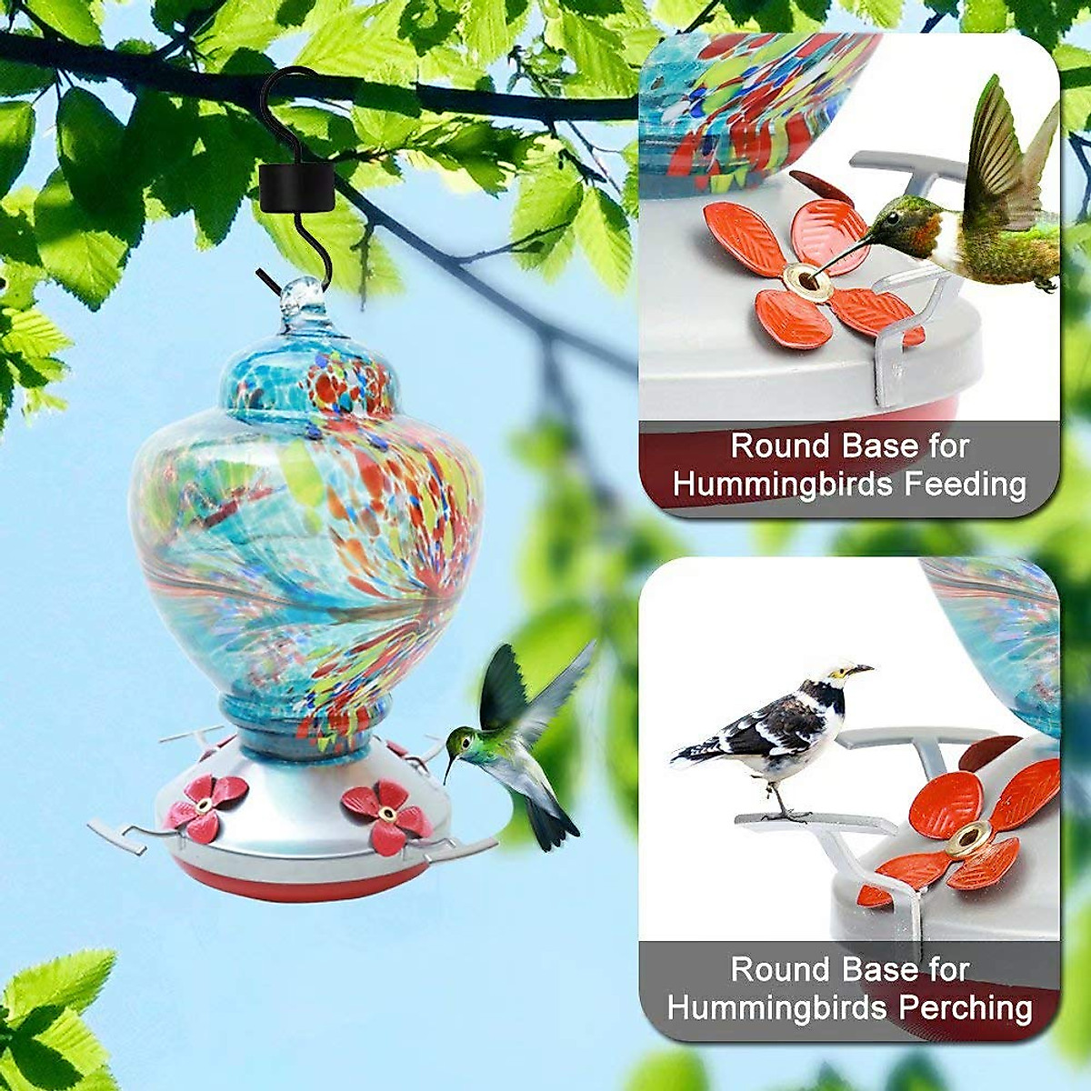 CJJCCF Hummingbird Feeder for Outdoors Glass Bird Feeders Easy to Clean&Filling Bird Feeder Best with Color Hand Blown Glass Leakproof 32 Ounces Blue Hummingbird Feeders Hanging Hook&Ant Moat