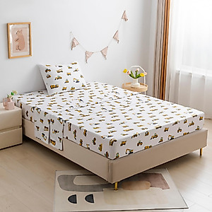 3-Piece Twin Size Kids Bed Sheet Set by Coukouchyi, Soft & Breathable Kids Fitted Sheet, Construction Kids Twin Bed Flat Sheet for Boys Deep Pocket (Twin)