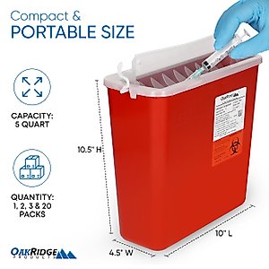 Oakridge Products Sharps Container for Home Use and Professional 5 Quart (1-Pack), Biohazard Needle and Syringe Disposal, Horizontal Drop Style Lid with levers, CDC Certified