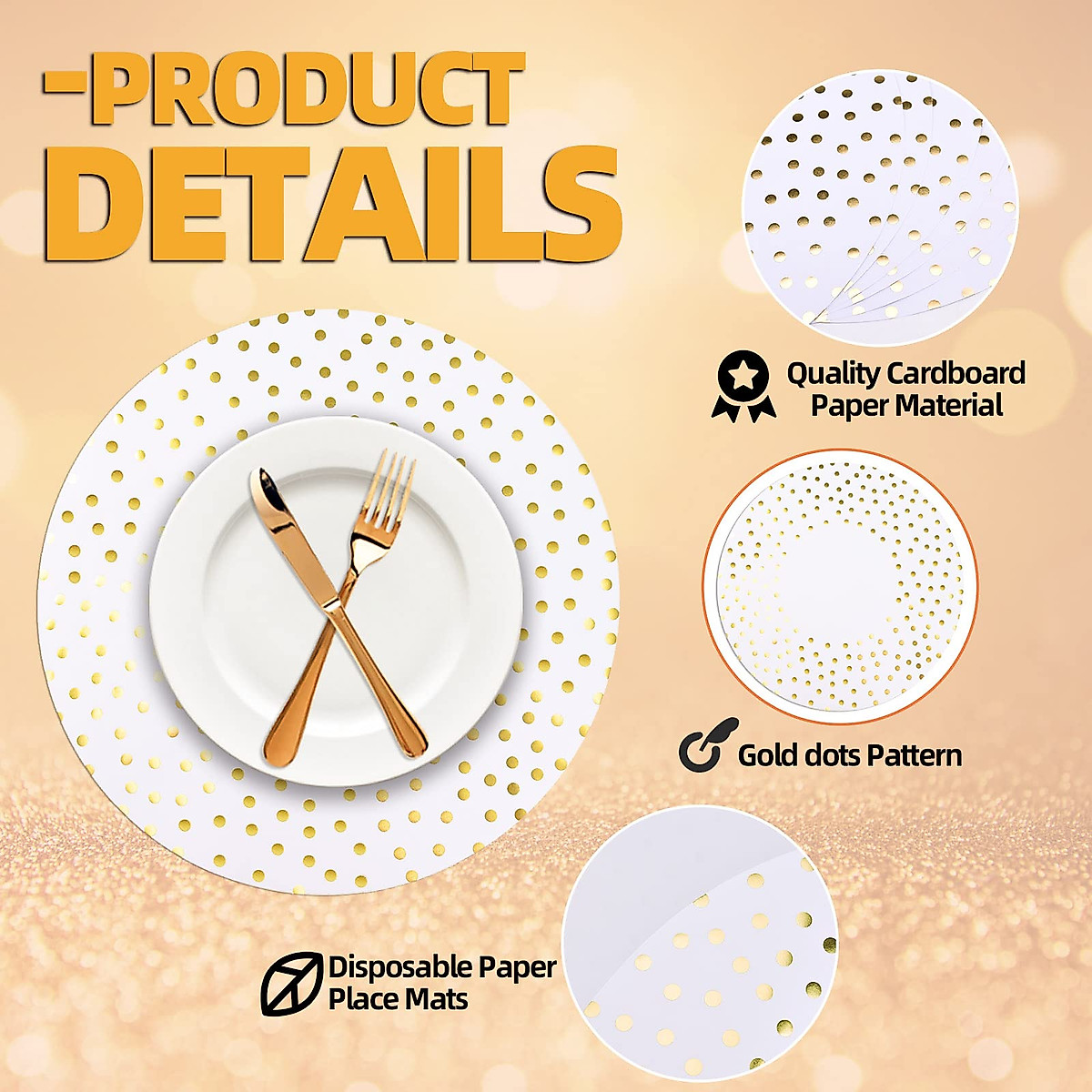50 Pcs 14 Inch White and Gold Foil Paper Place Mats Golden Polka Dots Round Placemats Disposable Decorative Table Mats for Wedding Banquet Party Home Dining Table Decor