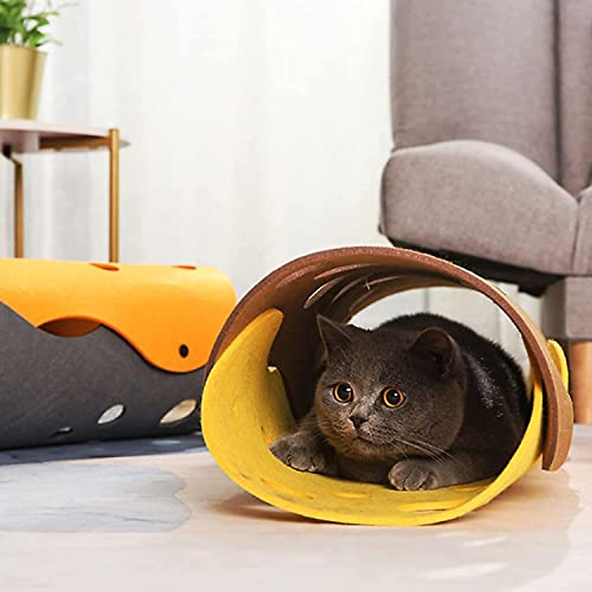 Cat Tunnels Bed, Foldable Pet Tunnel Tube Bed with Holes, DIY Cats Play Mat Cat Activity Rug Toy for Interactive/Exercise Felt Cloth Random Combinations and Infinite Extension (Grey Yellow)