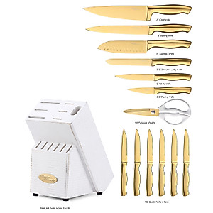 Marco Almond MA21 Golden Titanium Knives Block Set + KYA53 Titanium Box Grater Set