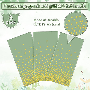 3 Pack Sage Green and Gold Plastic Tablecloth, Green Disposable Table Cloth for Rectangle Tables, Gold Stamping Dot Light Green Tablecloth for Baby Shower Birthday Wedding Party Decorations, 54"x108"