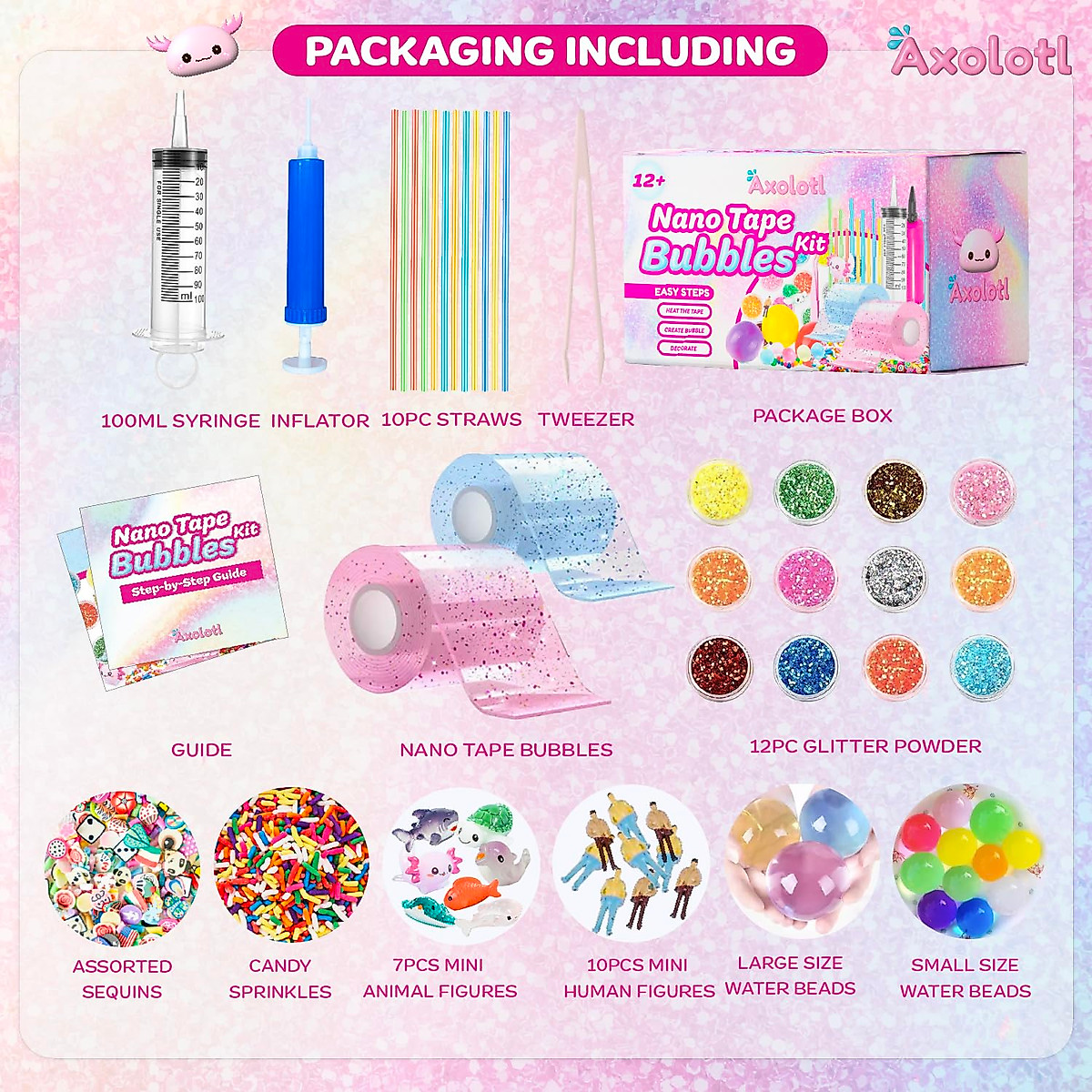 Axolotl Nano Tape Bubble Kit, Double Sided Tape Elastic Bubbles DIY Craft Kit, Stress Balls Toys, Squishy Ball, Anxiety Relief Toy, Party Favors and Fidget Toys for Girls, Boys, Kids