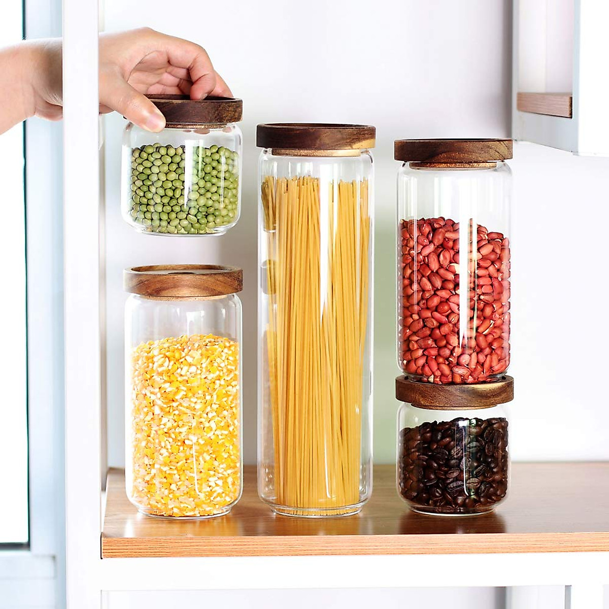 Glass Canisters Set of 5 for the kitchen, Glass Storage Container jars with Airtight Acacia Lid for Coffee Beans, Flour, Sugar, Rice and Spaghetti and etc