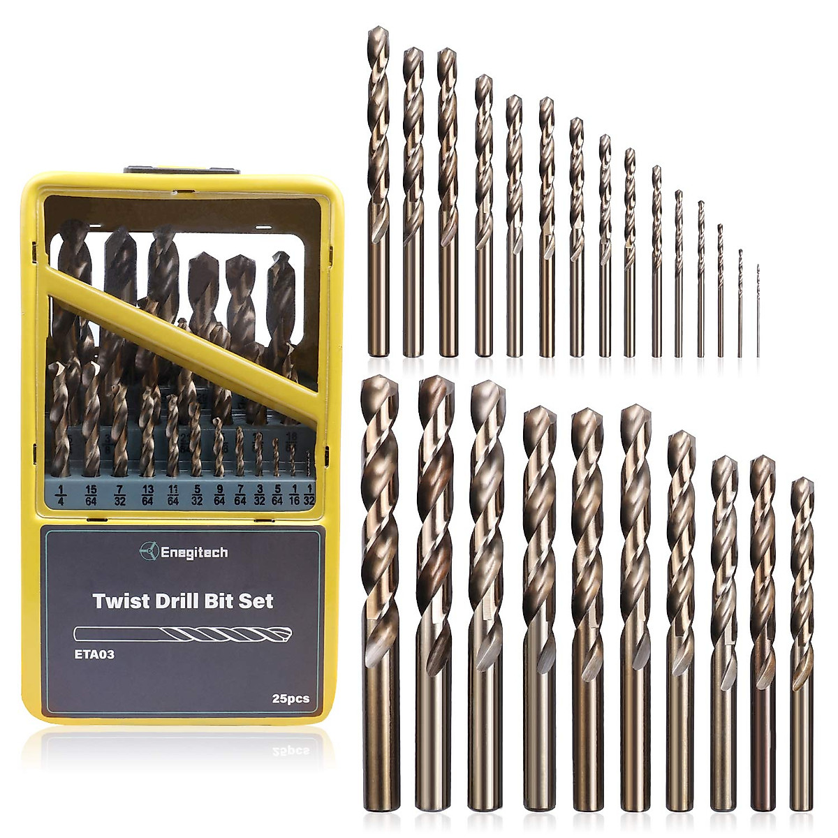 Enegitech Twist Drill Bit Set, Size 1/32" - 1/2", Jobber Length Drill Bit Kit, M35 HSS High Speed Steel for Stainless Steel Hard Metal Cast Iron Wood Plastic 25 Pcs