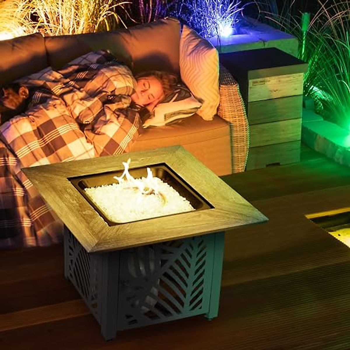 Endless Summer Lindsey 30 Inch Square Outdoor UV Printed 50,000 BTU LP Gas Fire Pit​ Patio Table with Faux Wood Mantel and Stamped Steel Base