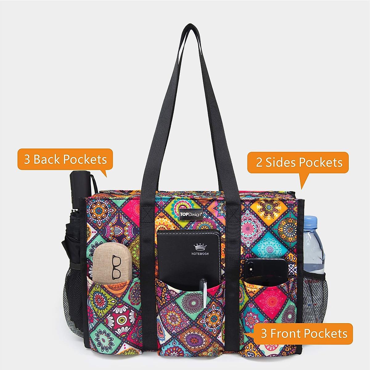 TOPDesign Utility Water Resistant Tote Bag with 13 Exterior & Interior Pockets, Top Zipper Closure & Thick Bottom Support