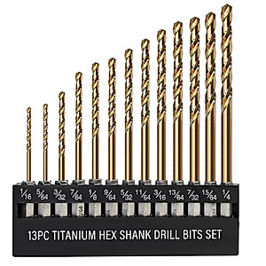 ROGAPER 13 PCS Titanium Coated Hex Shank Drill Bit Set, HSS Twist Drill Bit Sets, Impact Driver Drill Bits for Wood, Steel, Metal, Plastic, Quick Change Design (1/16-1/4)