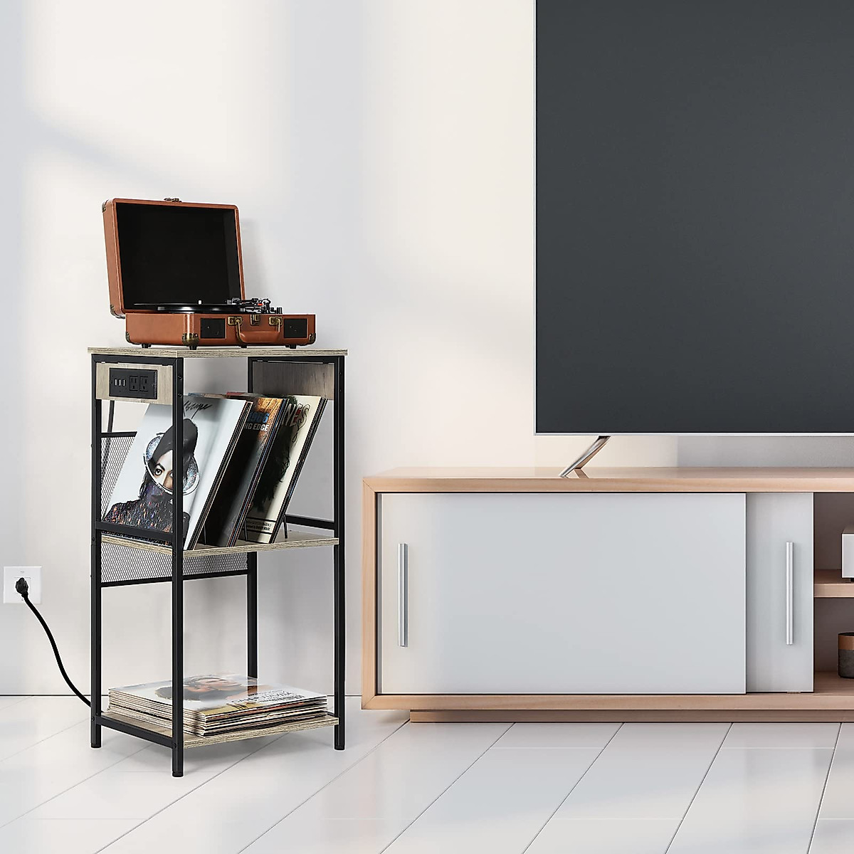 Record Player Stand Turntable Stand with Record Storage Vinyl Player Stand with Charging Station Grey Nightstands with USB Modern End Table for Living Room Bedroom Office