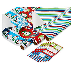 American Greetings 225 sq. ft. Christmas Wrapping Paper Set with Cut Lines, Santa, Stripes, Reindeer, Polka Dots and Snowmen (9 Rolls 30 in. x 10 ft., 60 Gift Tags)