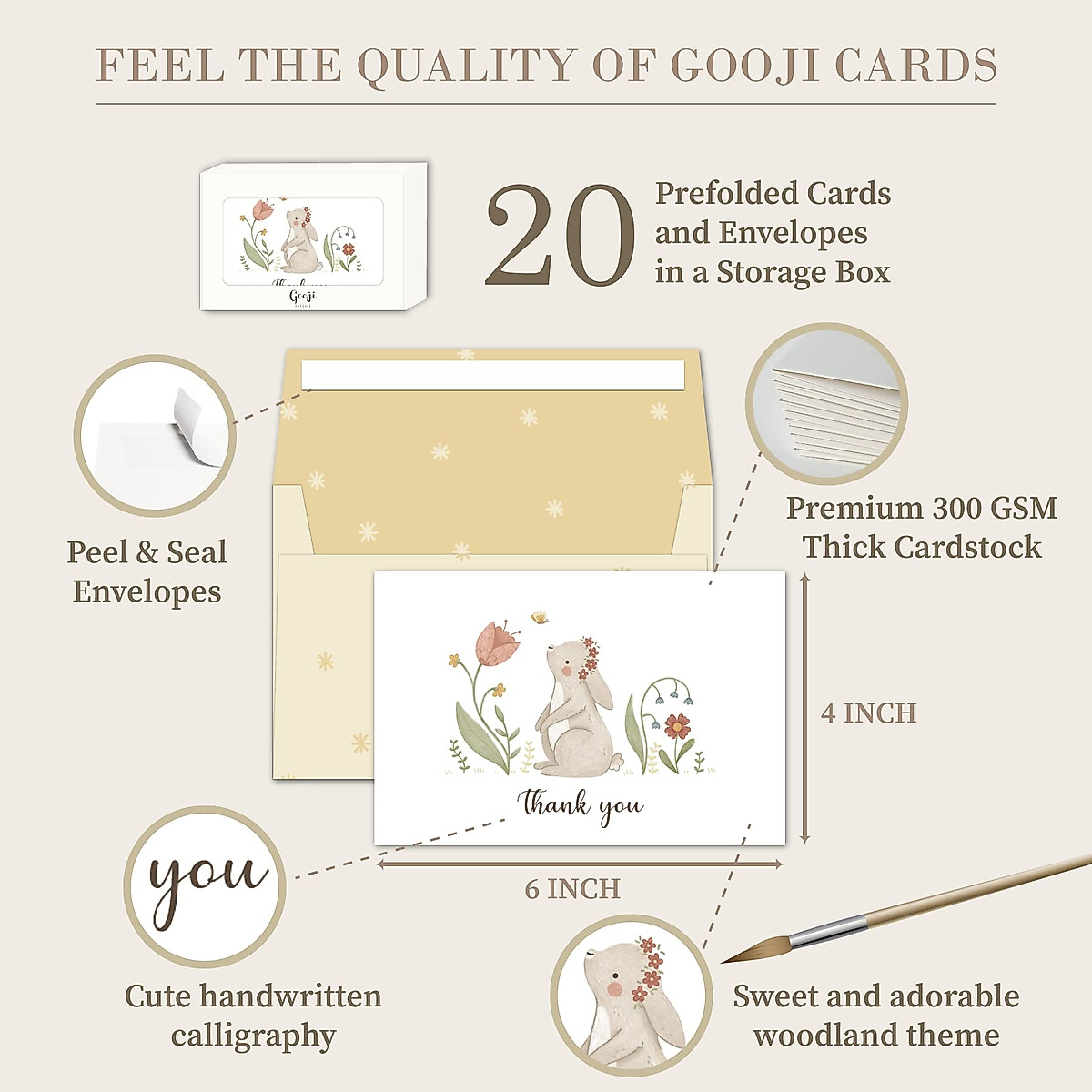 Gooji 4x6 Woodland Thank You Cards with Envelopes (Bulk 20-Pack) Matching Peel-and-Seal Envelopes Assorted Bulk, Watercolor Birthday Party, Baby Shower, Weddings, Greeting, Blank Notes Stationary