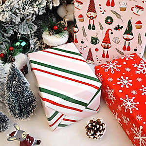LDGOOAEL Mini Short Small Christmas Wrapping Paper Roll with Cut Lines on Reverse (17" X 120" Per Roll) - Pink Gift Wrap with Gnome&Snowflake Design for Holiday, Birthday