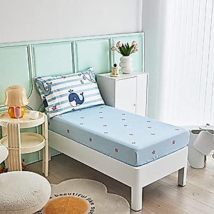 FlySheep 4 Pcs Cotton Toddler Bedding Set, Blue Striped and Whale Printed Ocean Style Soft Comforter Set for Kids Boys n Girls - Includes Quilted Comforter, Flat Sheet, Fitted Sheet & Pillow Case