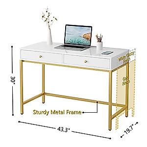 White-Vanity-Desk with 2 Drawers, White/Gold Home-Office-Desks Glossy Desktop Makeup-Vanity-Table Modern Writing Computer Standing Desk with Wood Top and Metal Frame for Home Office Bedroom Furniture