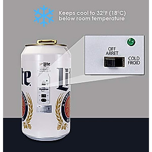 Miller Lite 8 Can Portable Mini Fridge w/ 12V DC and 110V AC Cords, 5.4L (5.7 qt) Beer Can Shaped Personal Cooler, White, Travel Fridge for Beer, Snacks, Lunch, Drinks, Home, Office, Bar, Dorm, RV