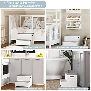 UTEX Toddler Step Stool,Wooden Kids Step Stool for Bathroom Sink, Extra Wide 9.45 inchs Two Step Stool for Kids with Non-Slip Mats and Handles, Kids Potty Training Stool for Kitchen Nursery Bedroom