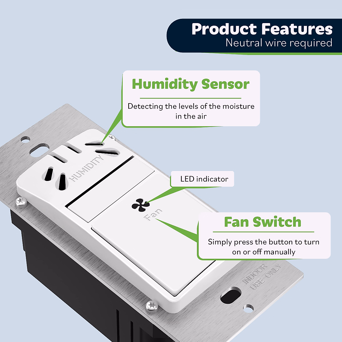 TOPGREENER Humidity Sensor Switch for Ventilation Fan, Air Moisture Detection, Bathroom Fan Automated Control, Adjustable Timing, Neutral Wire Required, UL Listed, TDHS5-N, White