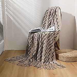 TXDYB 50"x 60" Soft Warm Cozy Khaki Knitted Blanket with Tassels,Boho Deco Throw Blanket for Bed Sofa Room Travel Camping Hotel Decoration,Wave Pattern Blanket for Women and Men