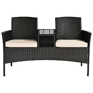 RELAX4LIFE Conversation Furniture Set with Table and Two Removable Cushions Rattan Wicker Chairs and Table Set for Patio,Garden, Baloney and Lawn Outdoor Porch Furniture Sets Loveseat(Brown+Beige)