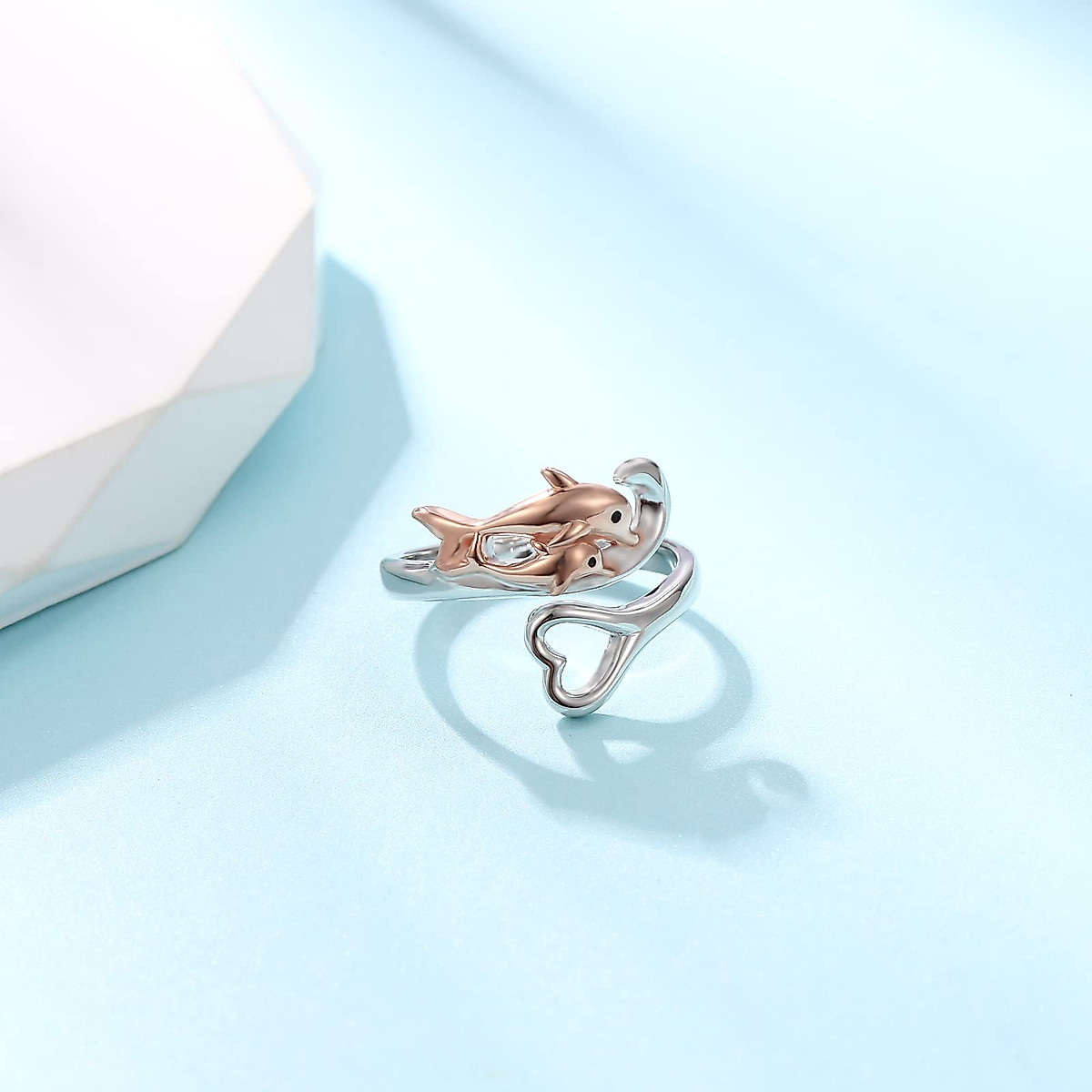 925-Sterling-Silver Heart Wave Dolphin Ring - Rose Gold Plated Mother Daughter Rings，Sea Ocean Cute Animal Dolphins Gifts for Women，Mothers Day Jewelry Gifts for Mom