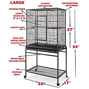 54" Pet Products Large Wrought Iron Breeding Bird Flight Cage Side Nesting Doors with Removable Rolling Stand
