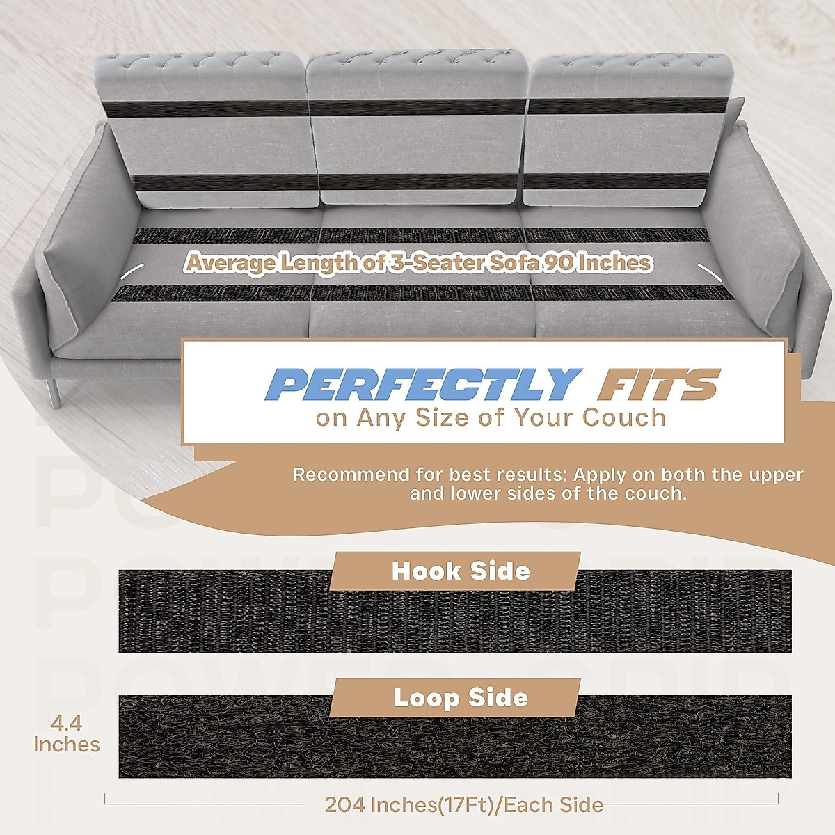 LOVEETA® 4.4'' × 20 Feet Power-Grip Couch Cushion Hook and Loop Tape, 2.0 PIB Heavy Duty Adhesive, Keep Couch Cushions from Sliding, Prevent Cushions from Sliding Outdoor, Mattresses, Carpets