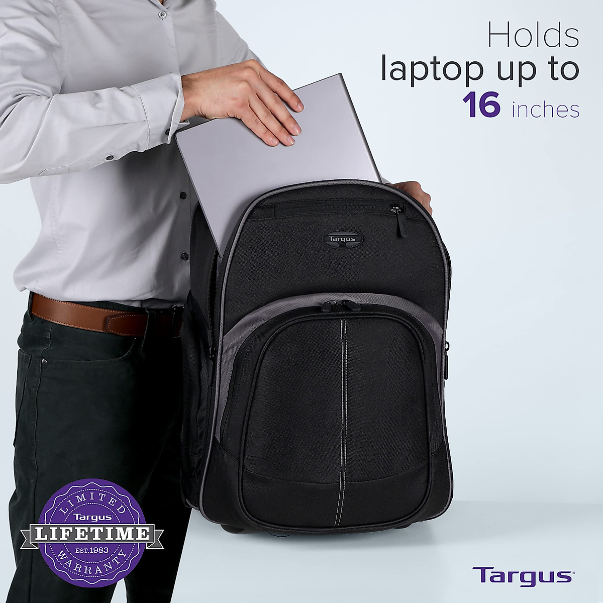 Targus Compact Rolling Backpack for Business, College Student and Travel Commuter Wheeled Bag, Durable Material, Tablet Pocket, Removable Laptop Protective Sleeve for 16-Inch Laptop, Black (TSB750US)