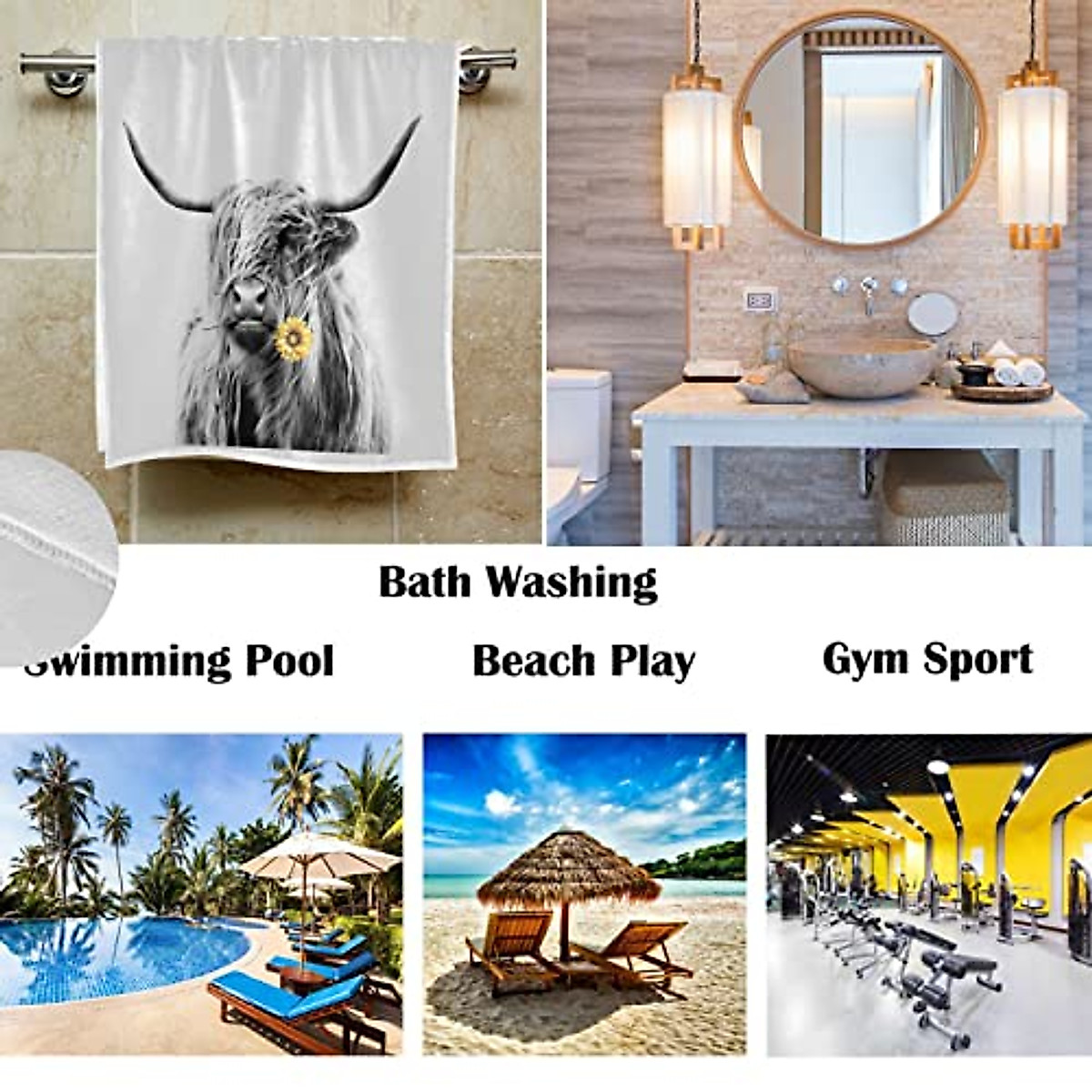 Pfrewn Highland Cattle Cow Sunflower Hand Bath Towels Soft Absorbent Bathroom Guest Towel Hanging Kitchen Dish Towel for Home Decor 16x30 in