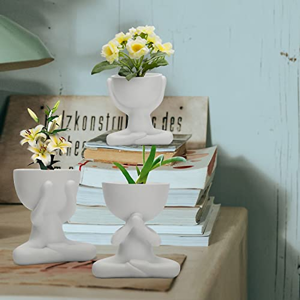 3 Pack Ceramic Succulent Plant Pot, Creative Human Shaped Planter, Decorative Resin Succulent Planter Vase Human Face Flower Pot Plant Container Bonsai Holders Desktop Flower Table Art Statue, White